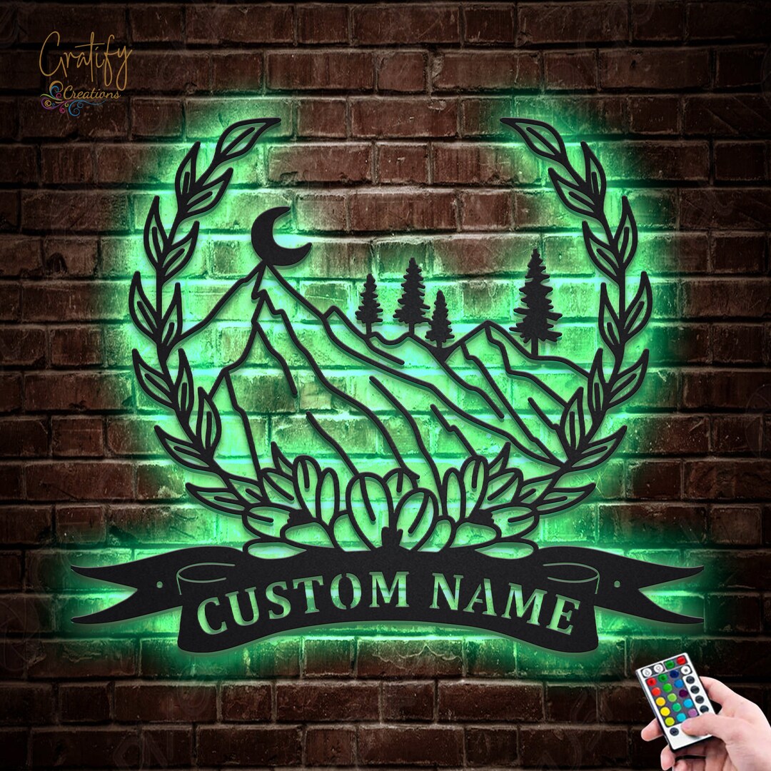 Mountain and Flower Metal Sign LED Lights V1, Custom Mountains Metal ...