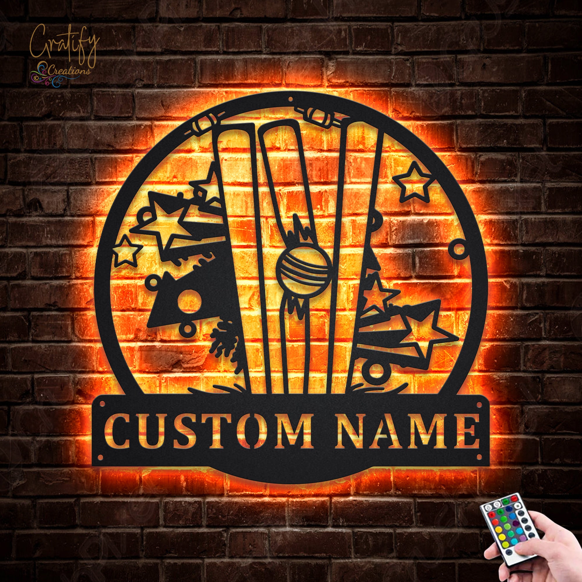 Cricket Stump Sport Metal Wall Art LED Lights V2, Custom Cricket Sport ...
