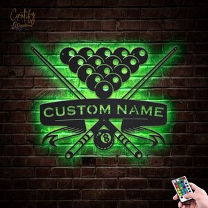 Billiards Metal Wall Art LED Light V7, Custom Billiards Metal Signs ...
