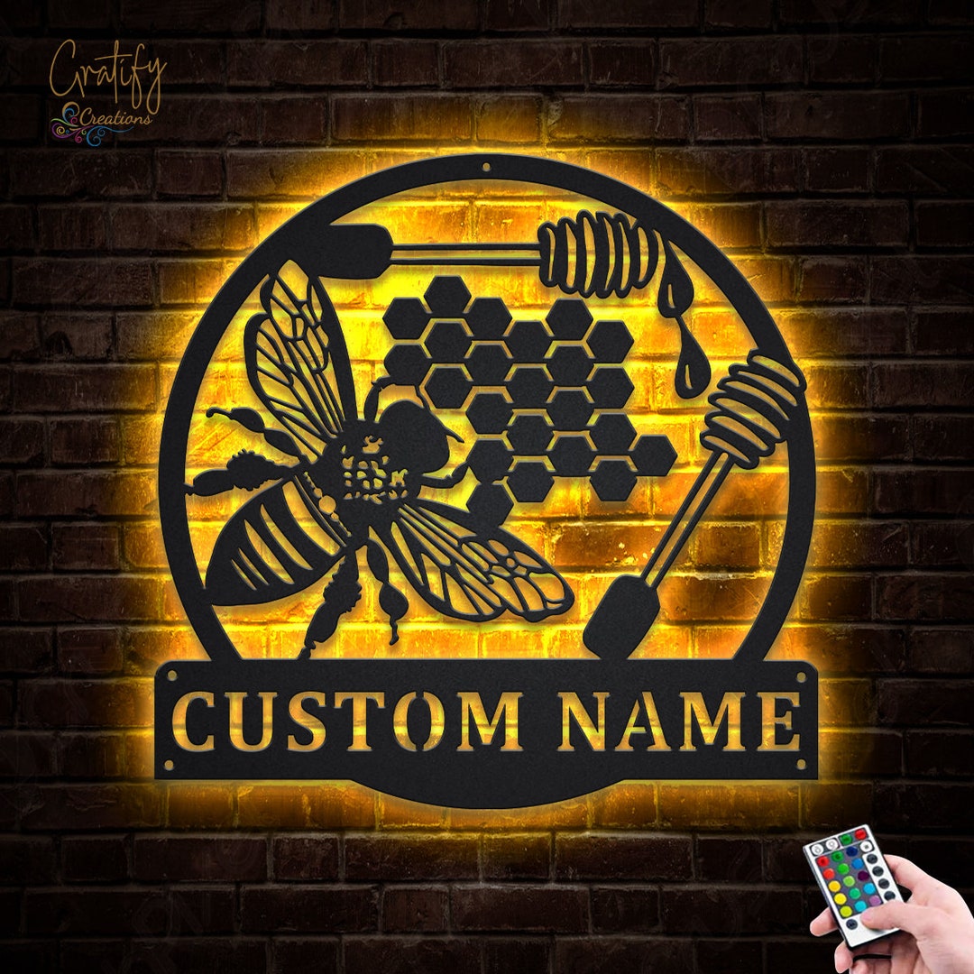 Custom Bee Honeycombs Metal Sign With LED Lights, Personalized Honey ...