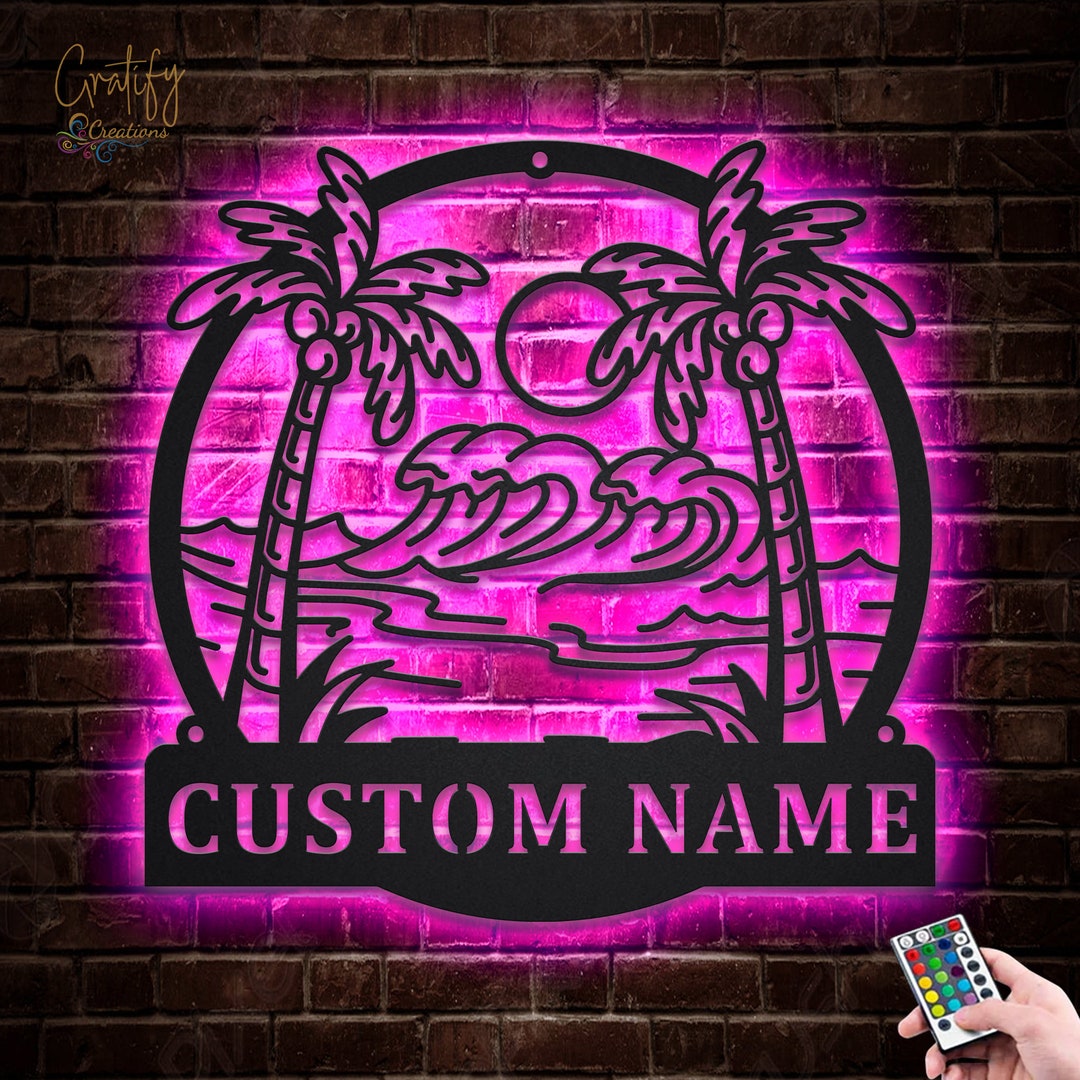 Summer Metal Wall Art LED Lights V2, Custom Palm Tree Metal Signs, Palm ...