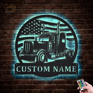Trucker's Pride LED Metal Wall Art - Personalized US Flag Semi Truck ...