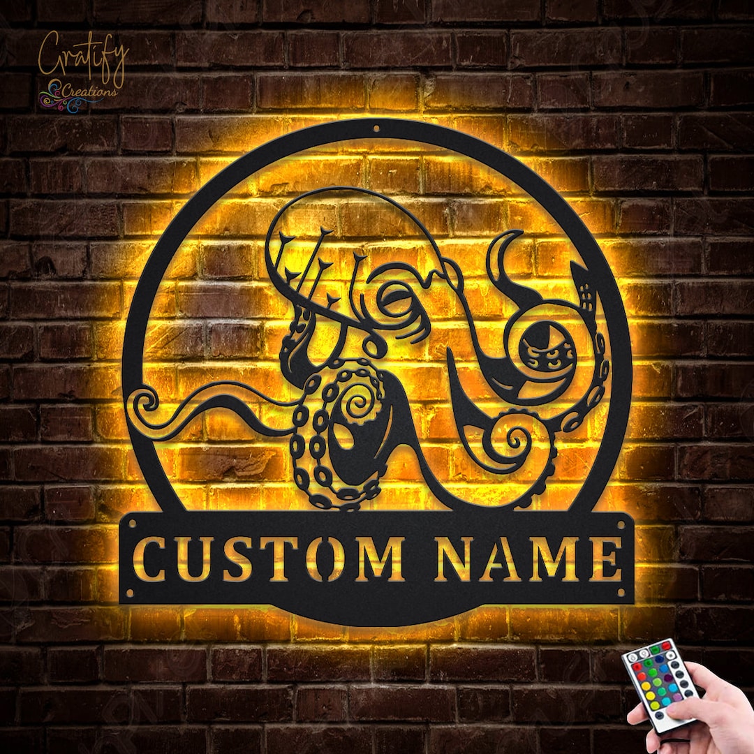 Octopus Monogram Metal Sign With LED Lights V2, Custom Octopus Metal ...