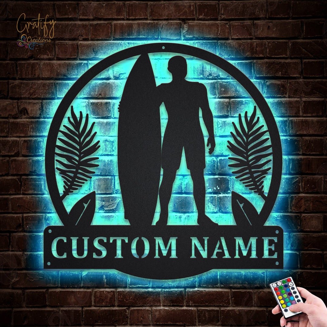 Surfing Metal Sign LED Lights V2, Custom Surfing Sport Metal Sign ...