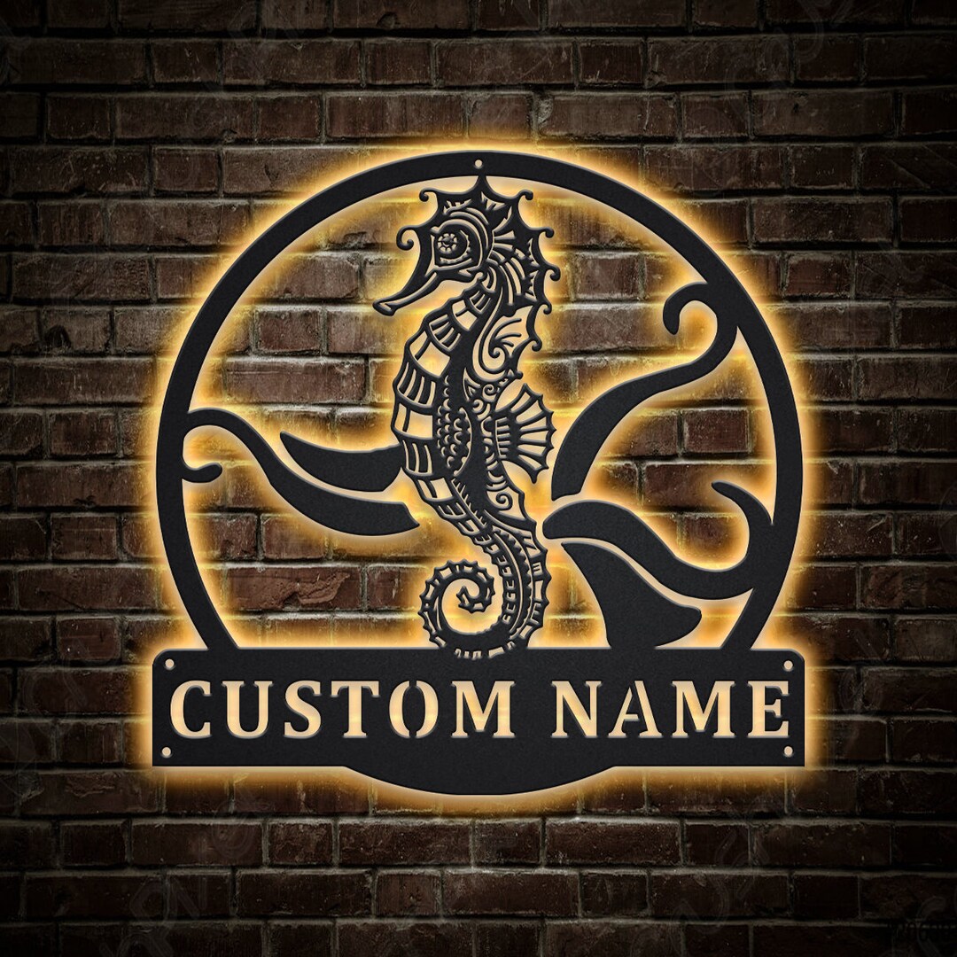 Custom Seahorse Monogram Metal Sign With LED Lights, Personalized ...