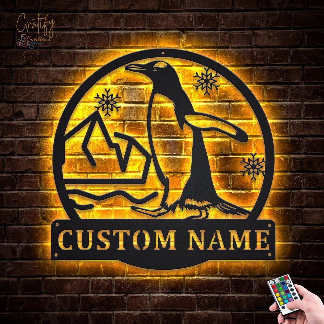 Penguin Bird Monogram Metal Sign With LED Lights, Custom Penguin Bird ...
