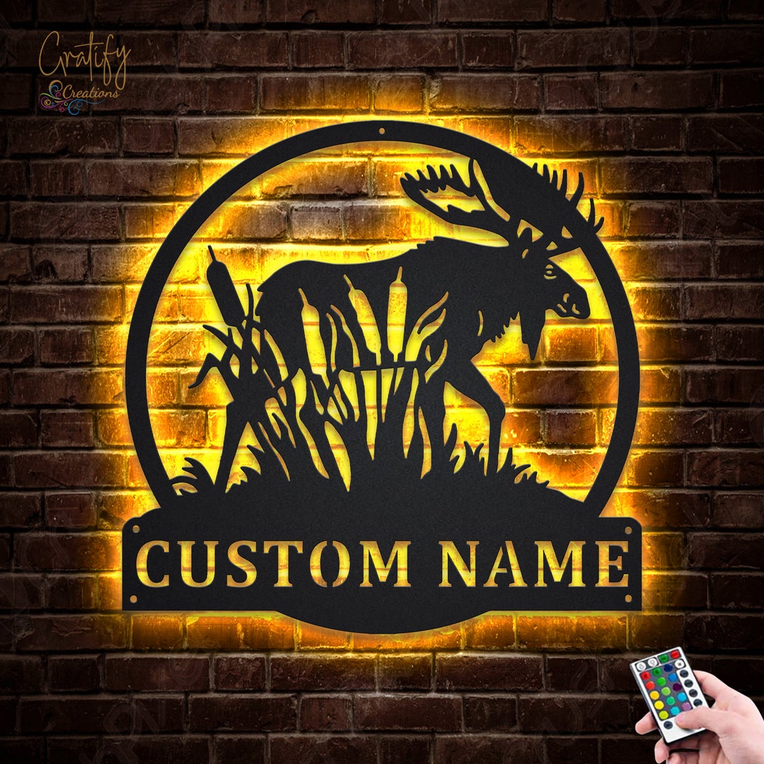 Moose With Cattails Monogram Metal Sign LED Lights, Custom Moose With ...