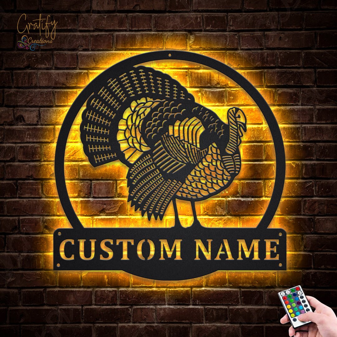Turkey Bird Monogram Metal Wall Art LED Lights, Custom Turkey Bird ...