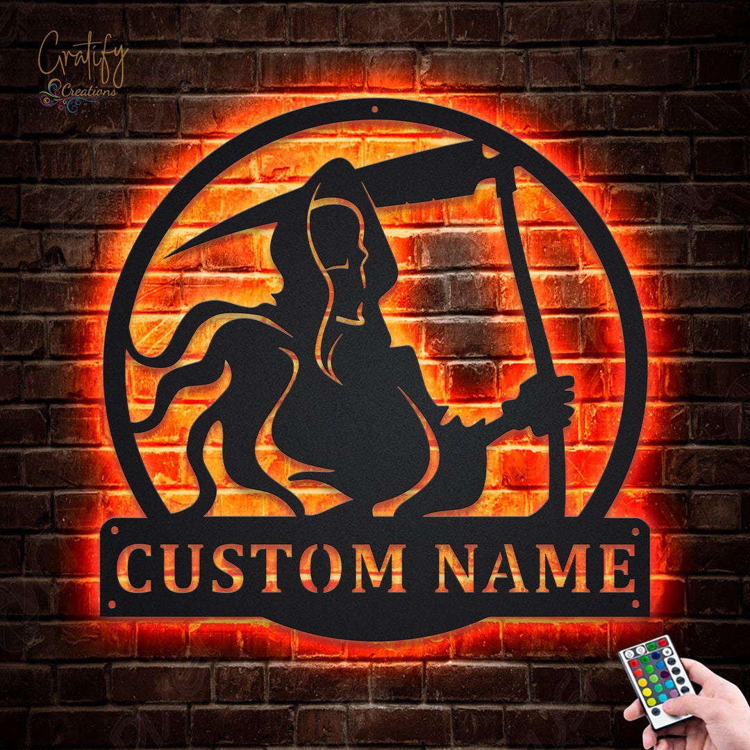 Grim Reaper Metal Wall Art LED Lights V2, Custom Grim Reaper Skull ...