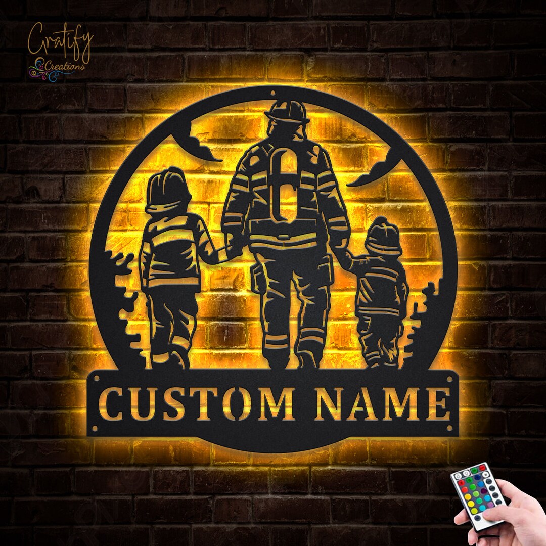 Firefighter Father and Son Metal Sign Art LED Lights , Custom ...
