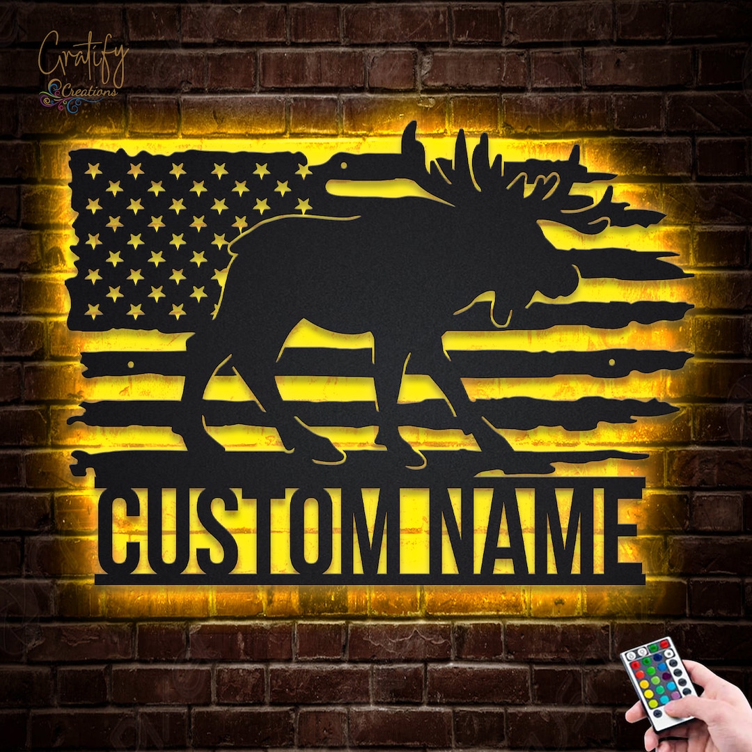 US Moose Metal Sign With LED Lights V3, Custom US Moose Metal Sign ...