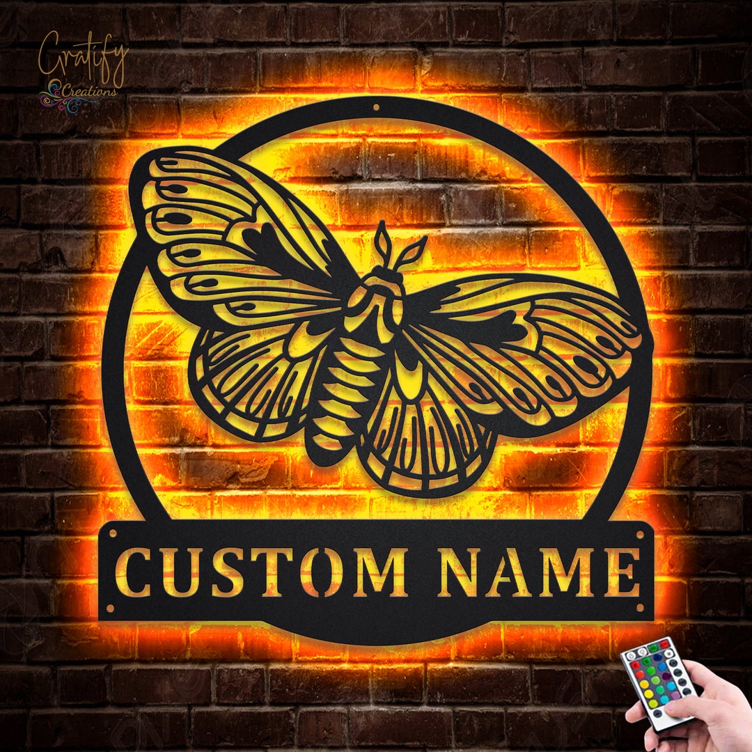 Moth Insects Metal Wall Art LED Light V6, Custom Butterfly Metal Sign ...