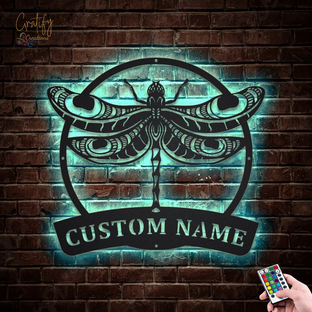 Dragonfly Monogram Metal Wall Art LED Lights, Custom Dragonfly Metal ...