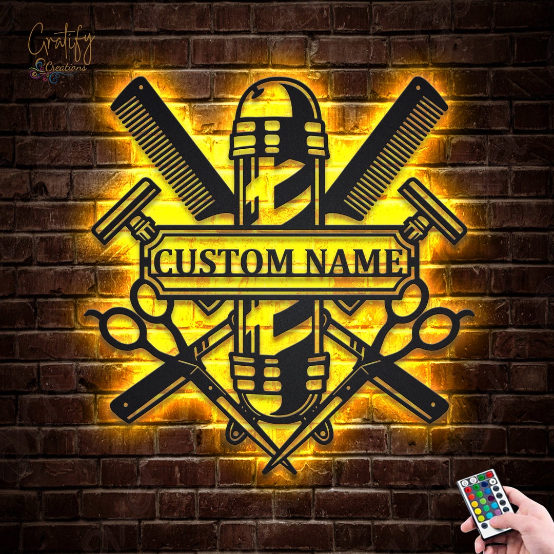 Barber Shop Metal Sign LED Lights, Custom Barber Shop Name Metal Sign ...