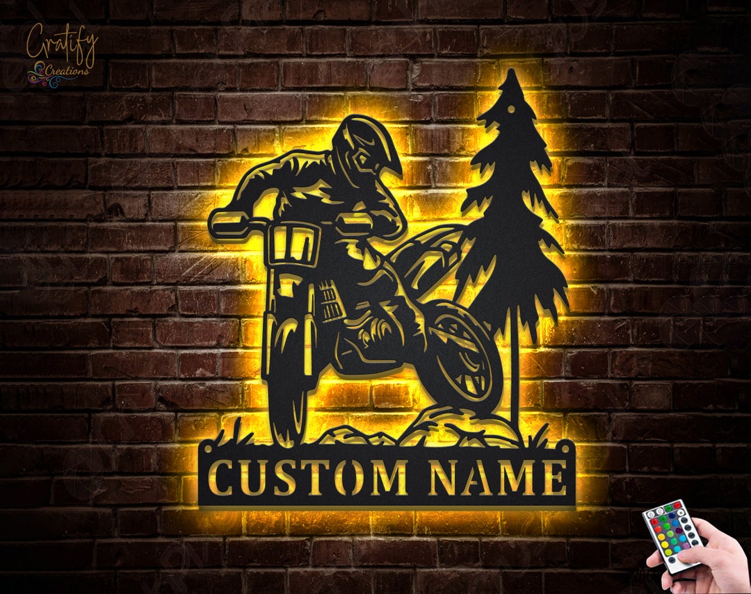 LED Dirt Bike Metal Wall Art, Personalized Motocross Rider Sign, Biker ...