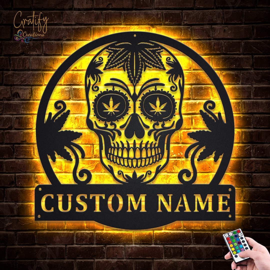 Custom Marijuana Sugar Skull Metal Sign LED Lights, Personalized Sugar ...