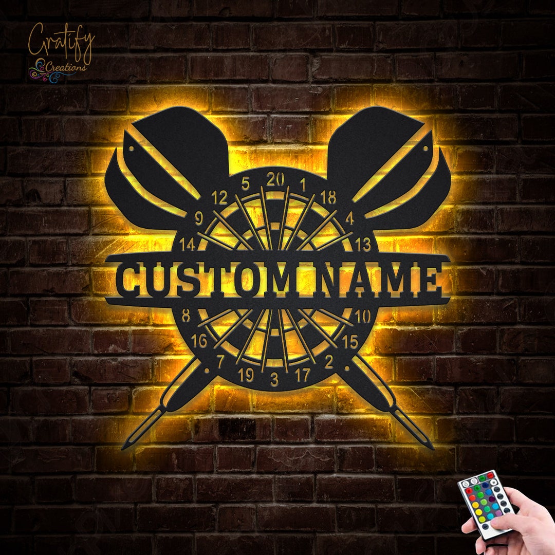 Darts Monogram Metal Wall Art LED Lights V4, Custom Darts Metal Sign ...