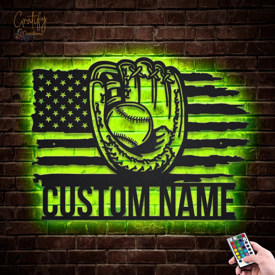 US Baseball Metal Wall Art LED Lights V3, Custom Baseball Metal Signs ...