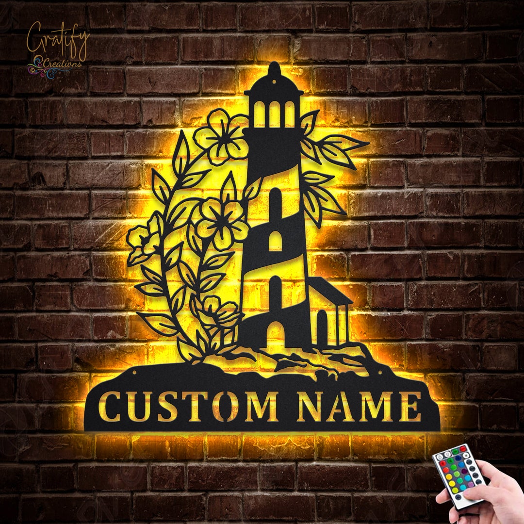 Floral Lighthouse Metal Sign LED Lights, Custom Lighthouse Metal Wall ...
