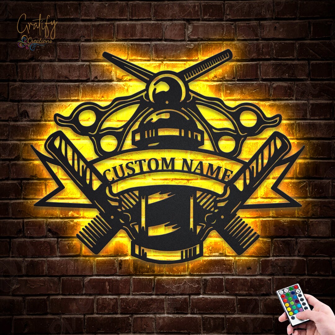 Barber Shop Metal Sign LED Lights V2, Custom Barber Shop Name Metal ...