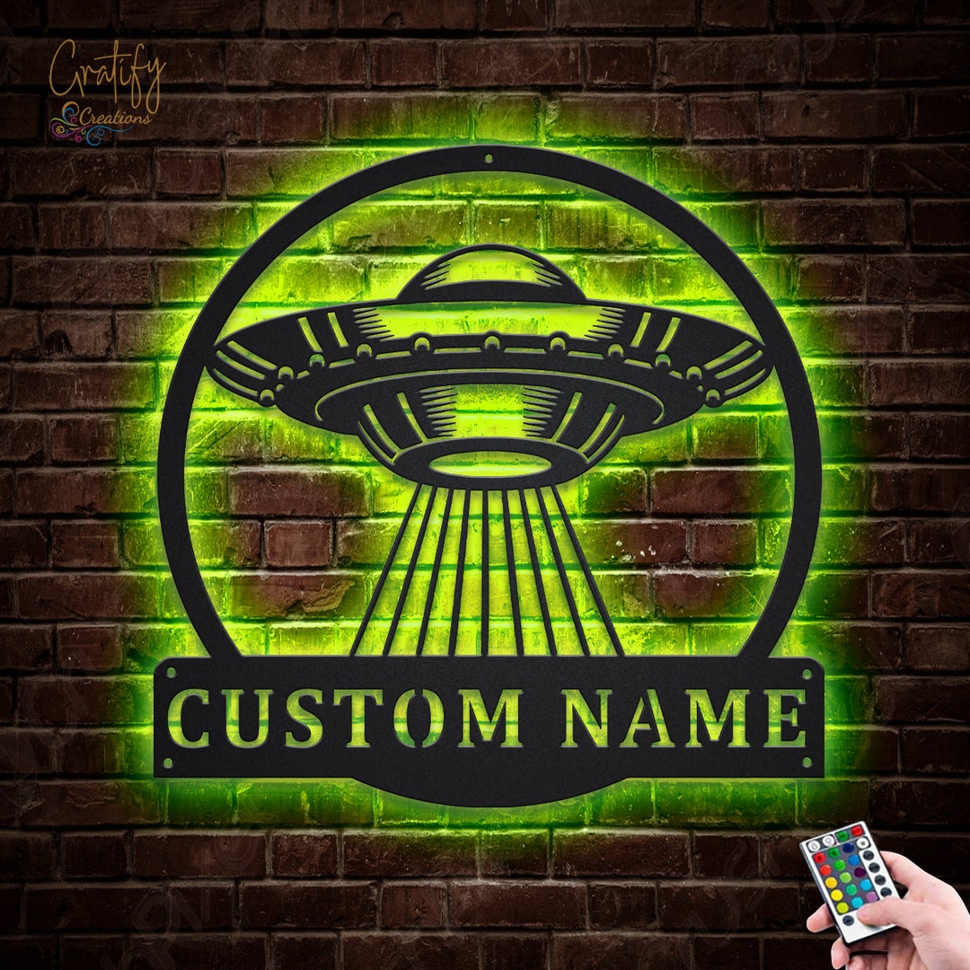 UFO Monogram Custom Metal Wall Art LED Lights, Personalized UFO Metal ...