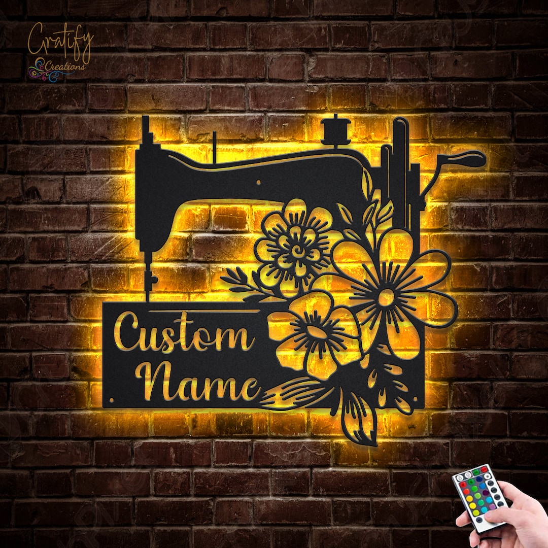 Floral Sewing Metal Wall Art LED Lights V2, Custom Sewing Machine Metal ...