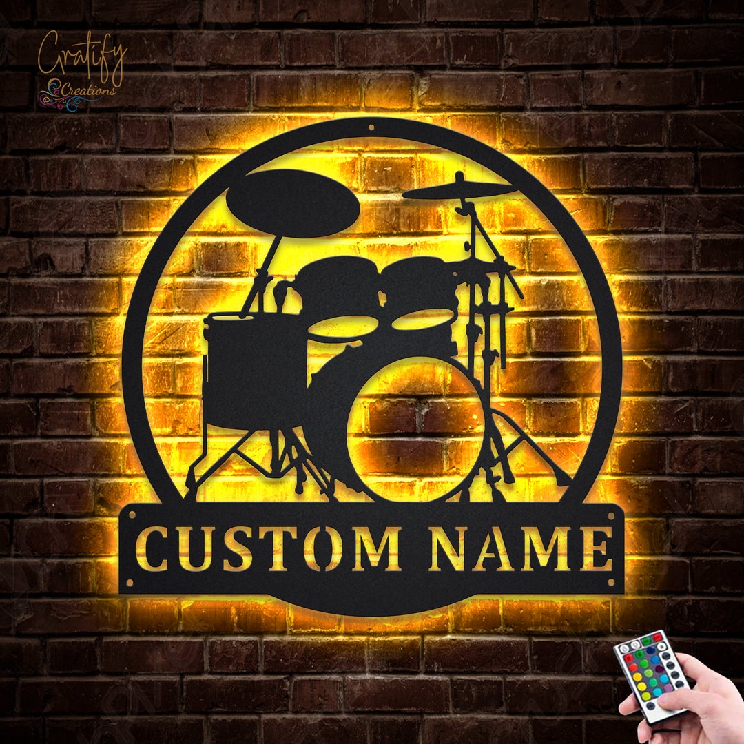 Drum Metal Wall Art With LED Lights V1, Custom Drummer Metal Signs ...