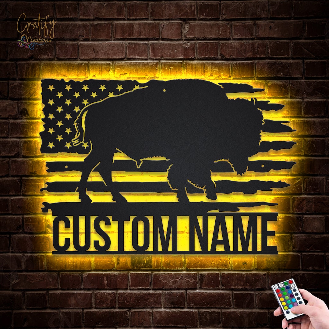 US Buffalo Metal Wall Art LED Lights V1, Custom Buffalo Animal Metal ...