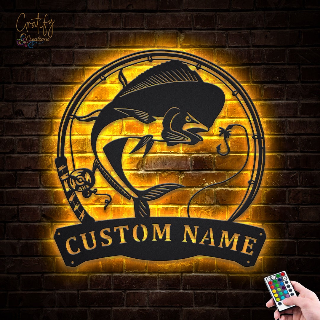 Mahi-mahi Fishing Fish Pole Metal Sign LED Lights, Custom Mahi-mahi ...