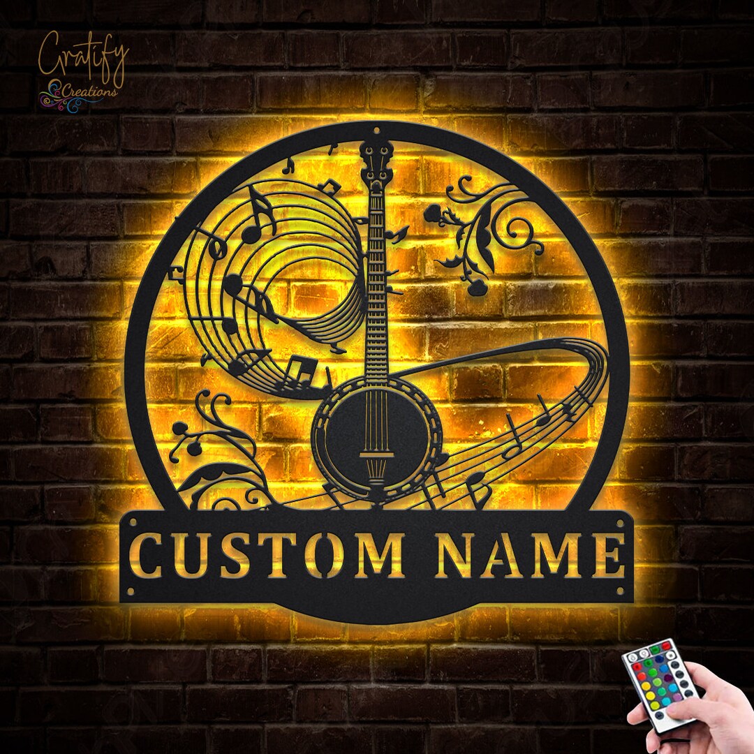 Custom Banjo Music Monogram Metal Sign With LED Lights, Personalized ...