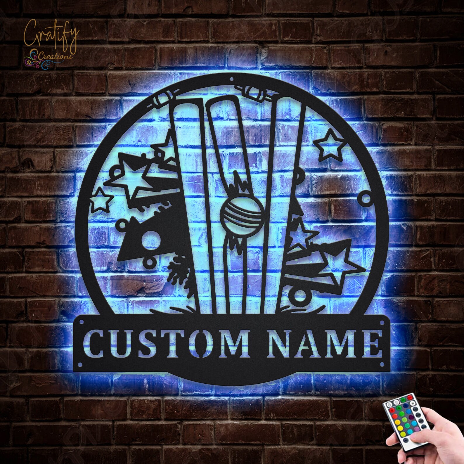Cricket Stump Sport Metal Wall Art LED Lights V2, Custom Cricket Sport ...
