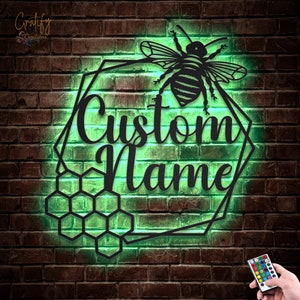 Bee Metal Sign LED Lights V1, Custom Honey Bee Metal Sign, Bee ...