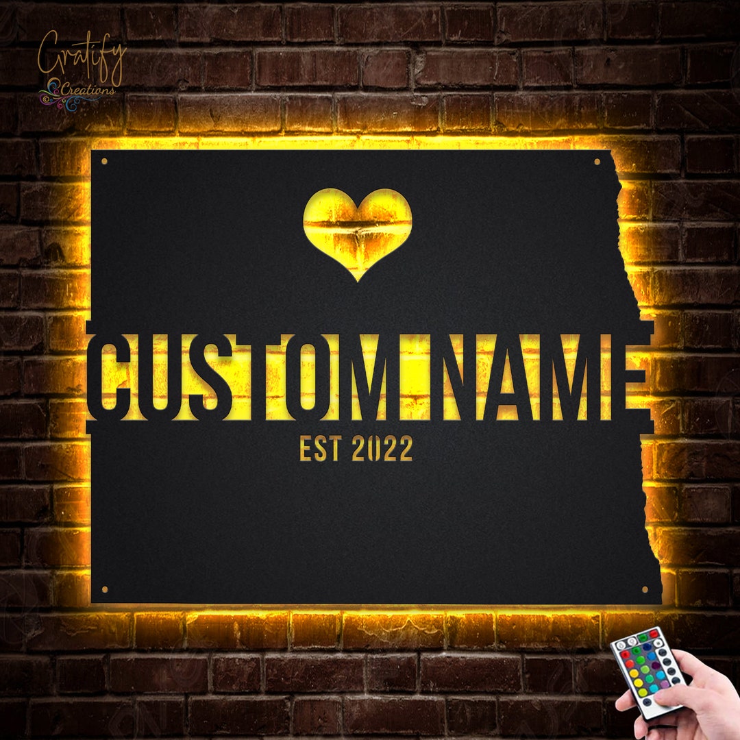 North Dakota State Map Metal LED Lights, Custom North Dakota Metal Wall ...