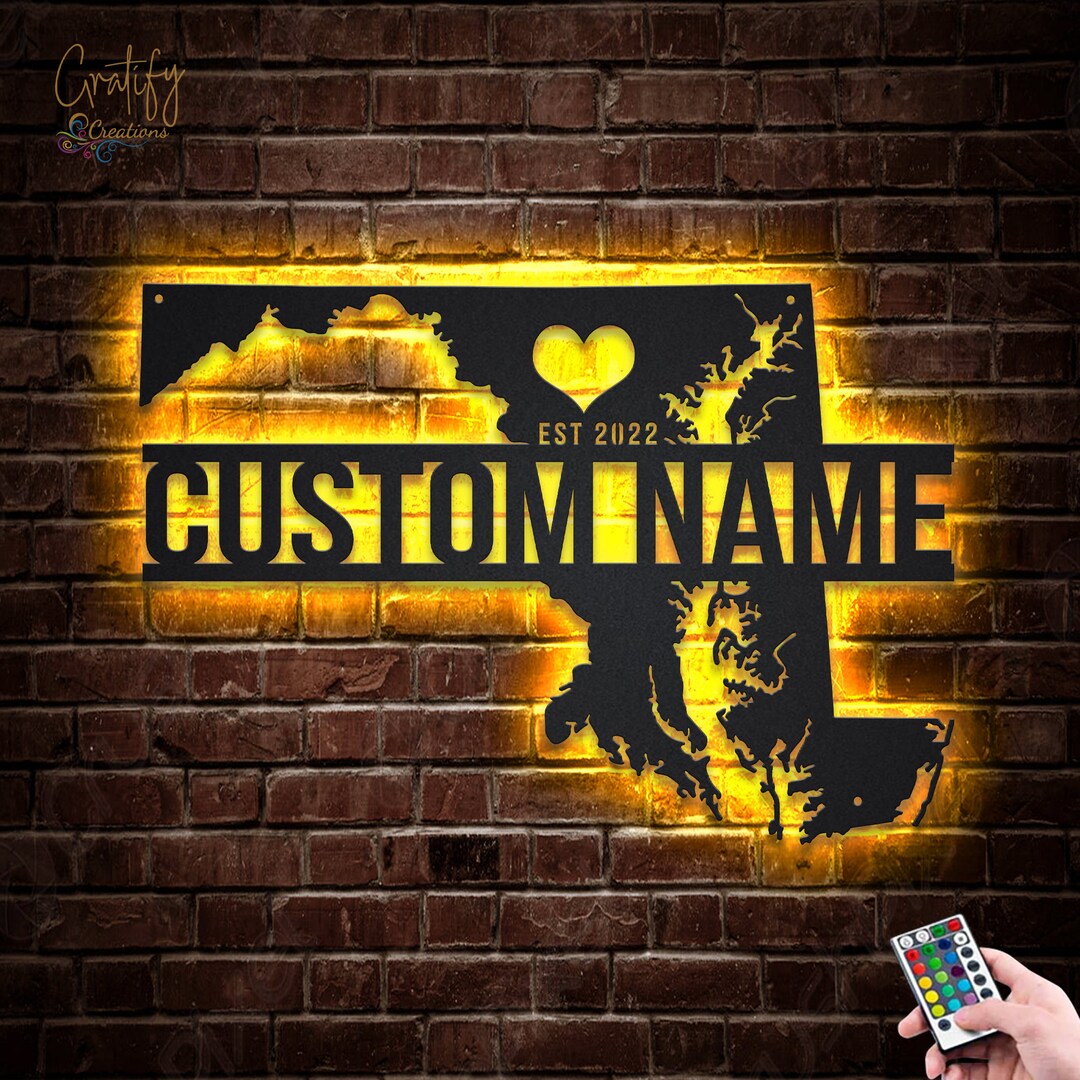 Maryland State Map Metal LED Lights, Custom Maryland State Metal Wall ...