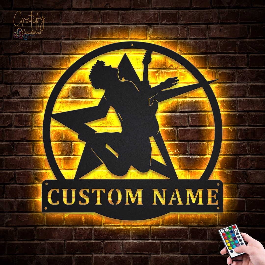 Guitar Man Metal Sign With LED Lights V5, Guitar Metal Wall Art RGB ...