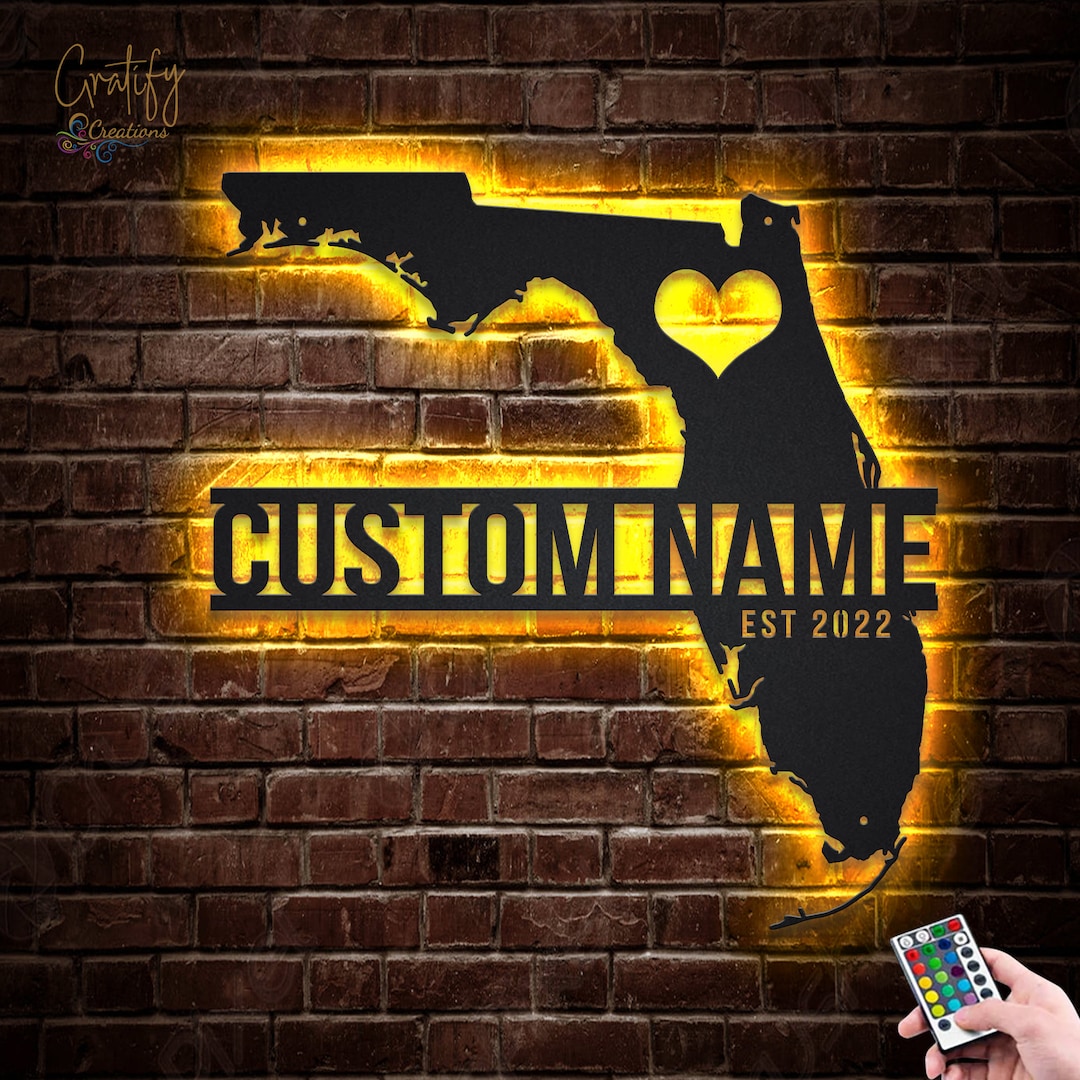Florida State Map Metal Sign With LED Lights, Custom Florida State Map ...