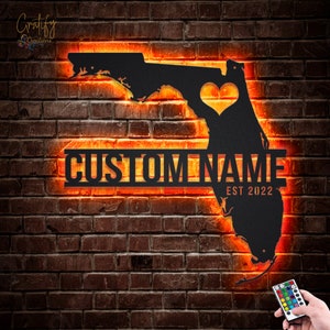 Florida State Map Metal Sign With LED Lights, Custom Florida State Map ...