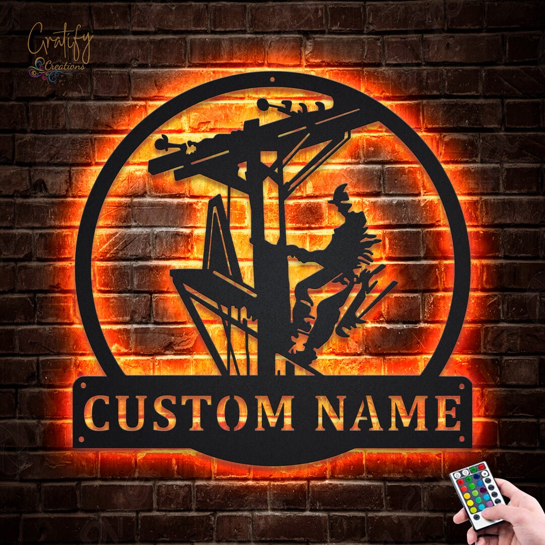 Lineman Linework Metal Sign LED Lights V6, Custom Lineman Metal Sign, Lineman Neon Sign, Lineman ...
