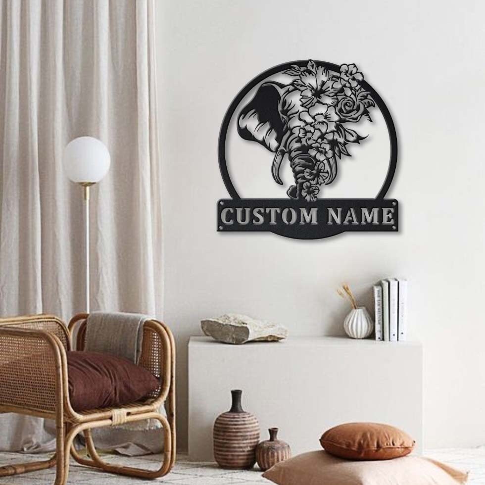 Elephant Floral Monogram Metal Sign Art ,custom Elephant Floral Metal ...