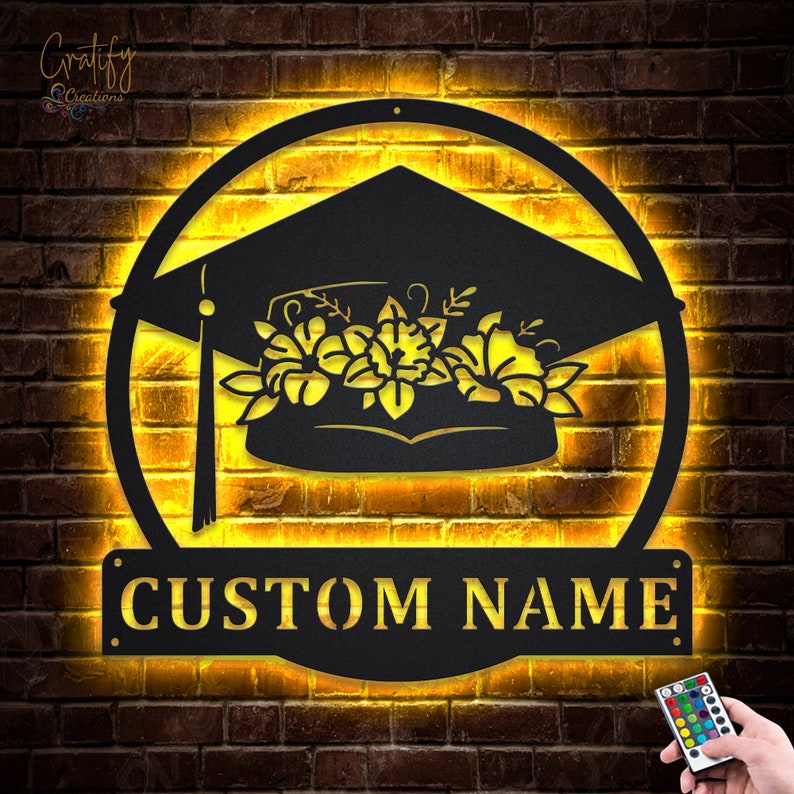 Flower Graduation Hat Metal Wall Art LED Lights V1, Custom Graduation ...