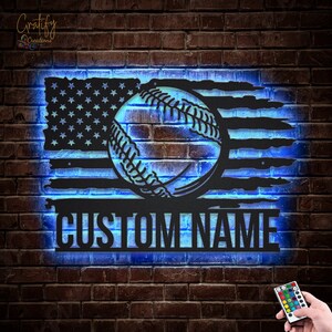 US Baseball Metal Wall Art LED Lights V1, Custom Baseball Metal Signs ...
