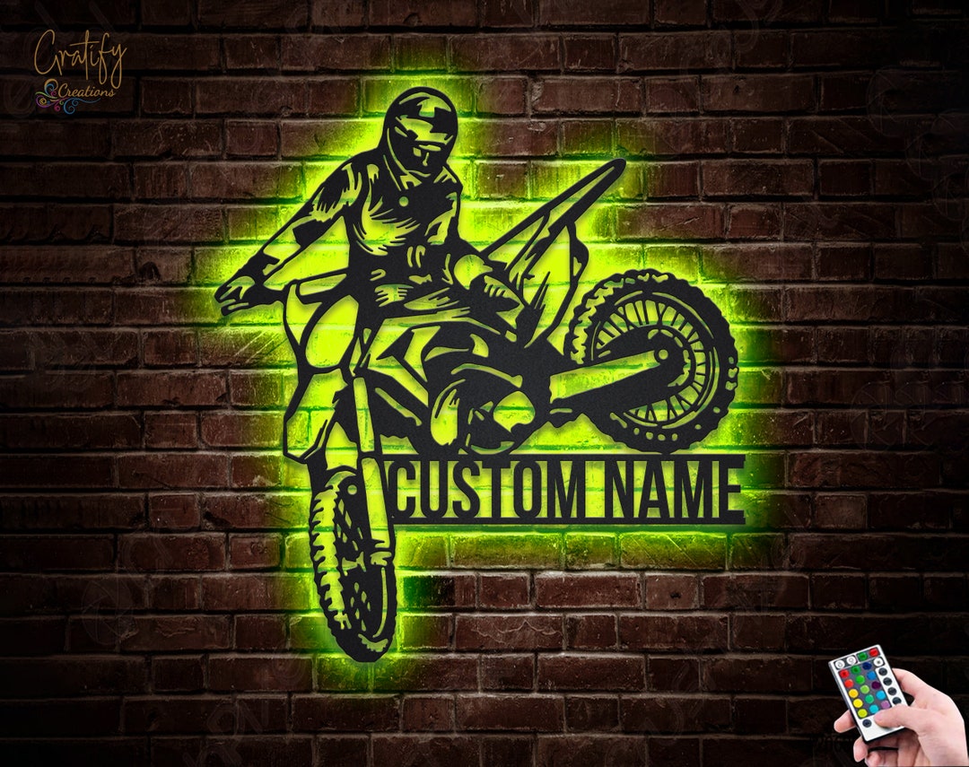 Motorcycle Dirt Bike Metal Wall Art LED Lights, Dirt Bike Metal Wall ...