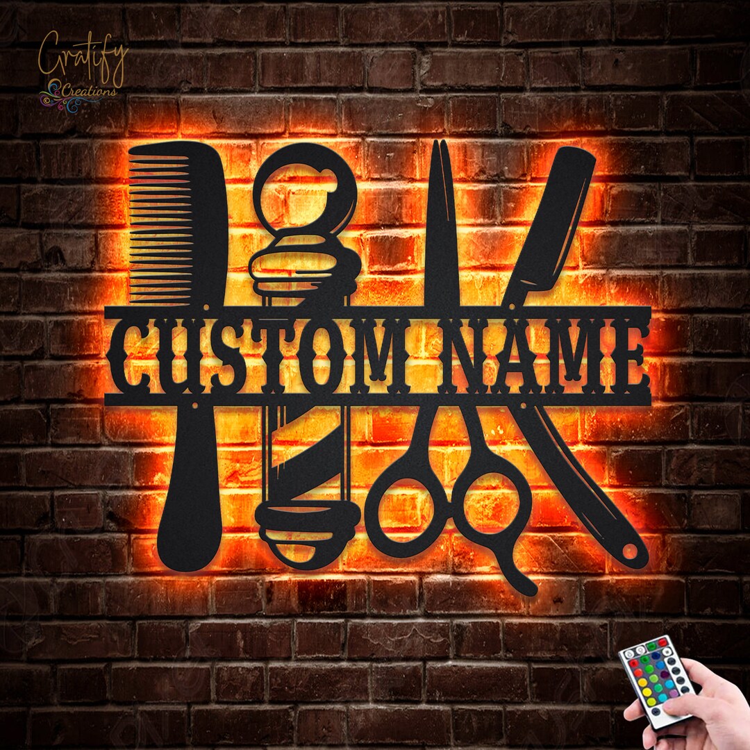 Barber Tools Metal Sign LED Lights V2, Custom Barber Shop Name Metal ...