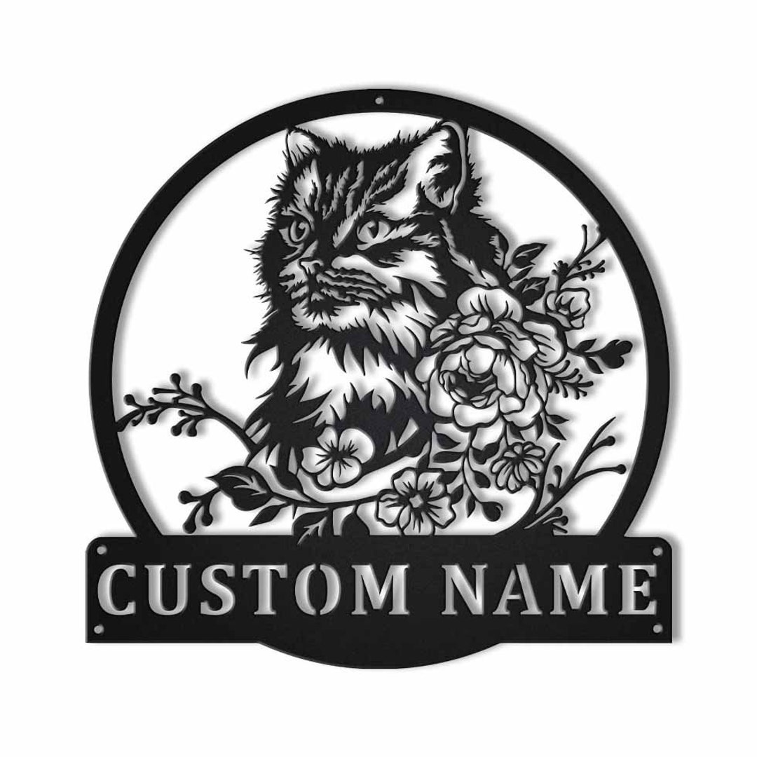 Custom Cute Cat Floral Metal Sign Art, Personalized Cute Cat Floral ...