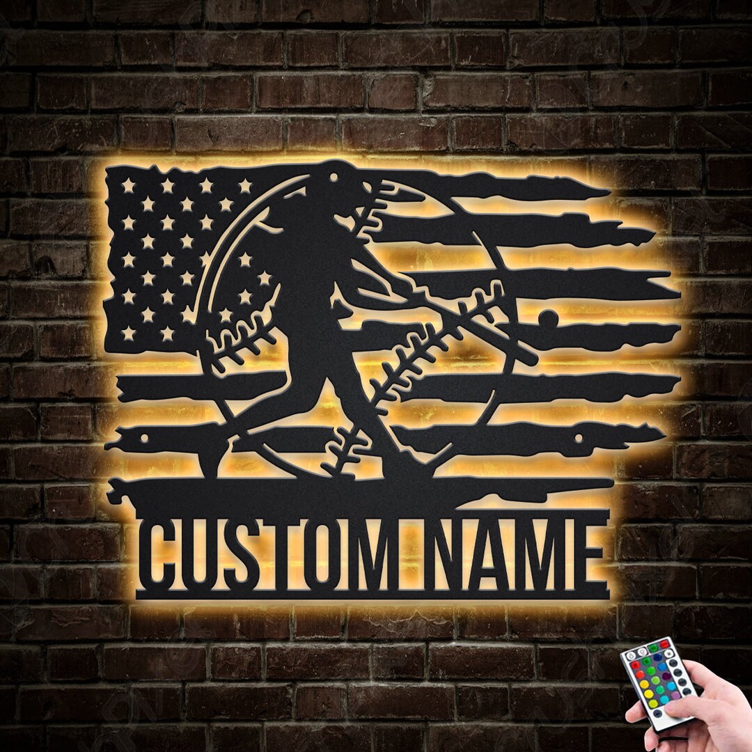 Softball US Flag Metal Wall Art With LED Lights, Custom Softball Metal ...