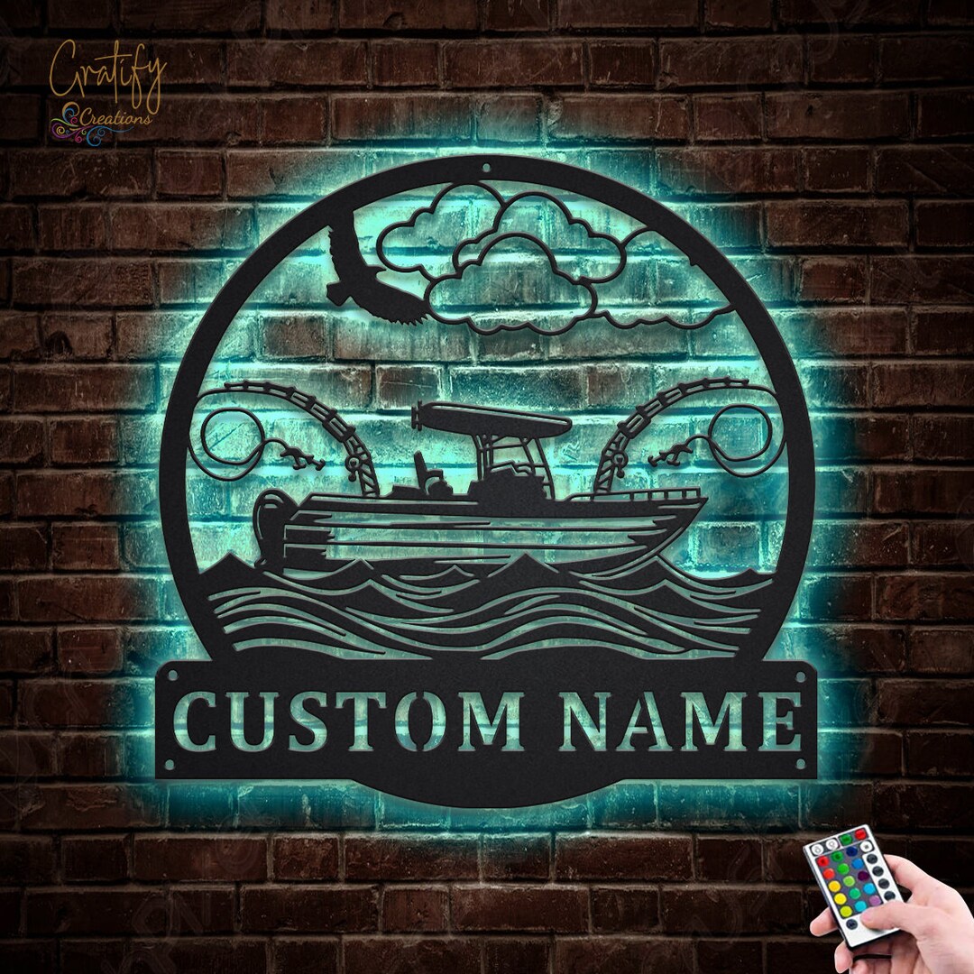 Custom Fishing Boat Metal Sign With LED Lights V2, Personalized Fishing ...