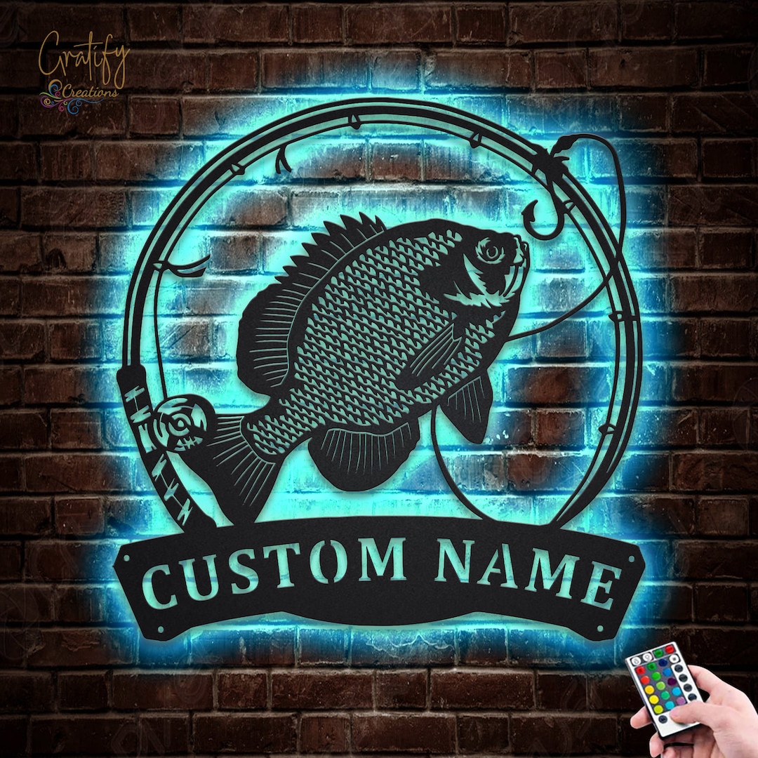 Bluegill Fishing Fish Pole Metal Sign LED Lights, Custom Bluegill ...