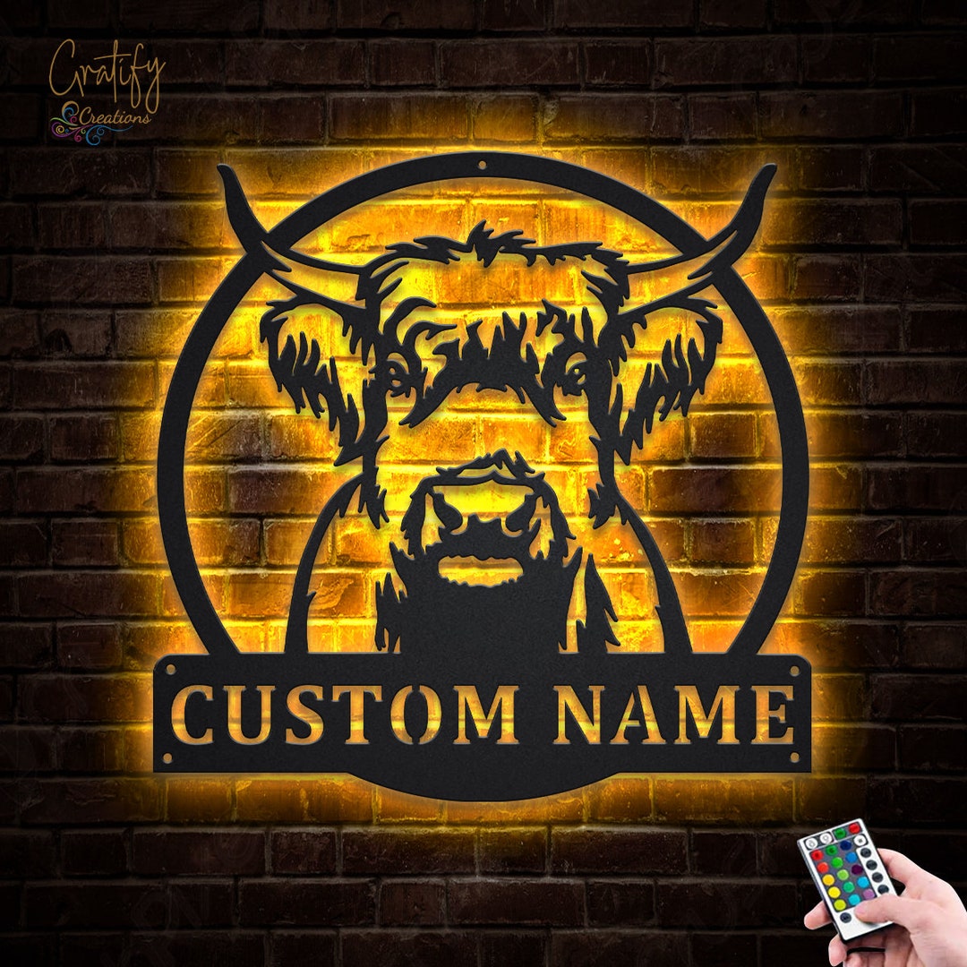 Highland Cow Metal Sign LED Lights, Custom Highland Cow Metal Sign ...