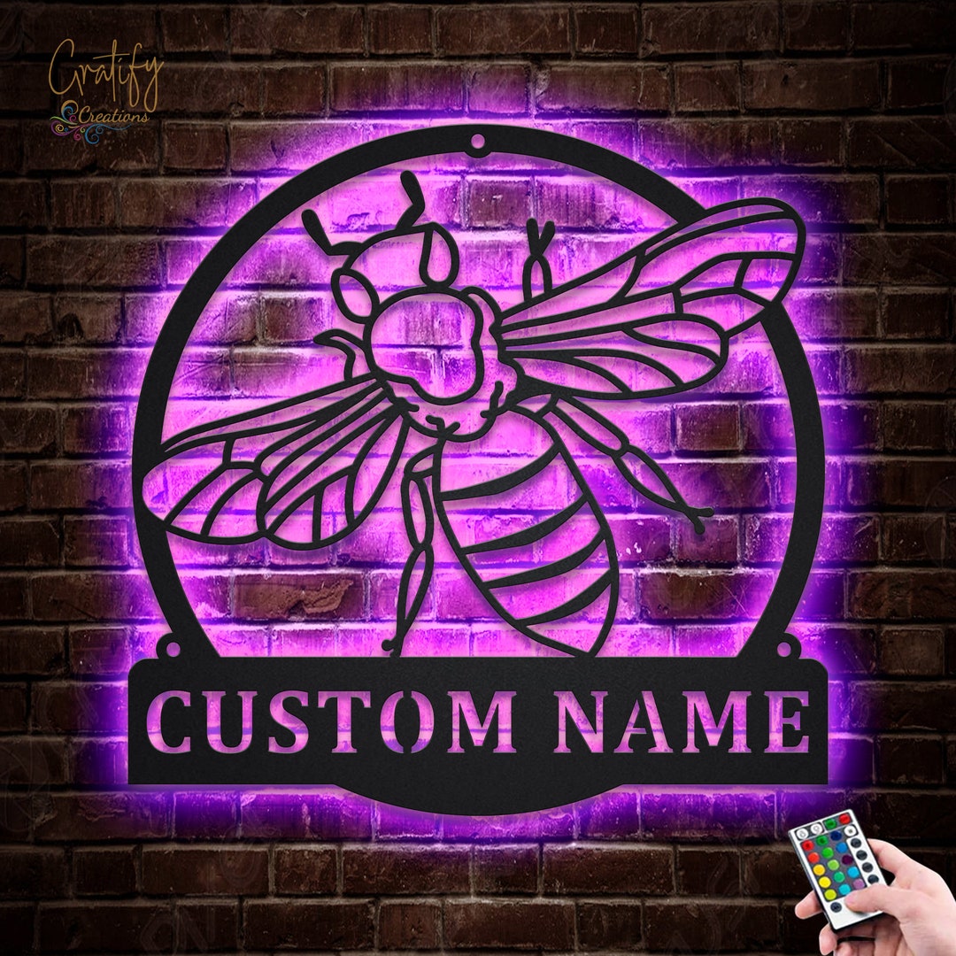 Bee Metal Sign LED Lights V6, Custom Honey Bee Metal Sign, Bee ...