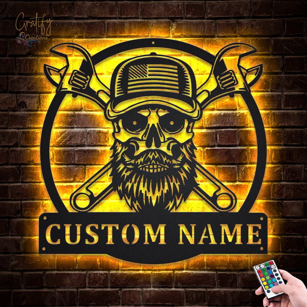 Unique Skull Garage Metal Wall Art With LED Light - Custom Workshop ...